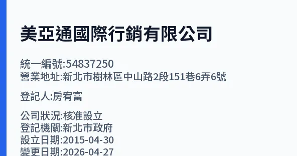 美亞通國際行銷有限公司的照片-統編 54837250(新北市) 公司登記資料與營業項目詳細圖表