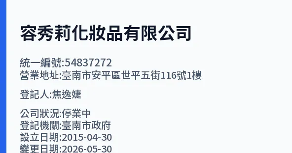 容秀莉化妝品有限公司的照片-統編 54837272(臺南市) 公司登記資料與營業項目詳細圖表