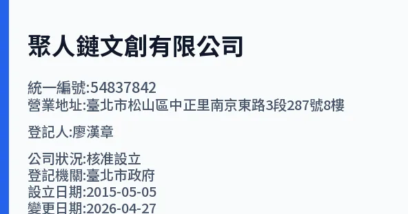 聚人鏈文創有限公司的照片-統編 54837842(臺北市) 公司登記資料與營業項目詳細圖表