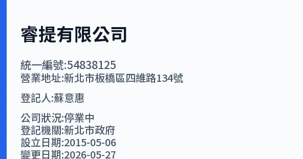 睿提有限公司的照片-統編 54838125(新北市) 公司登記資料與營業項目詳細圖表