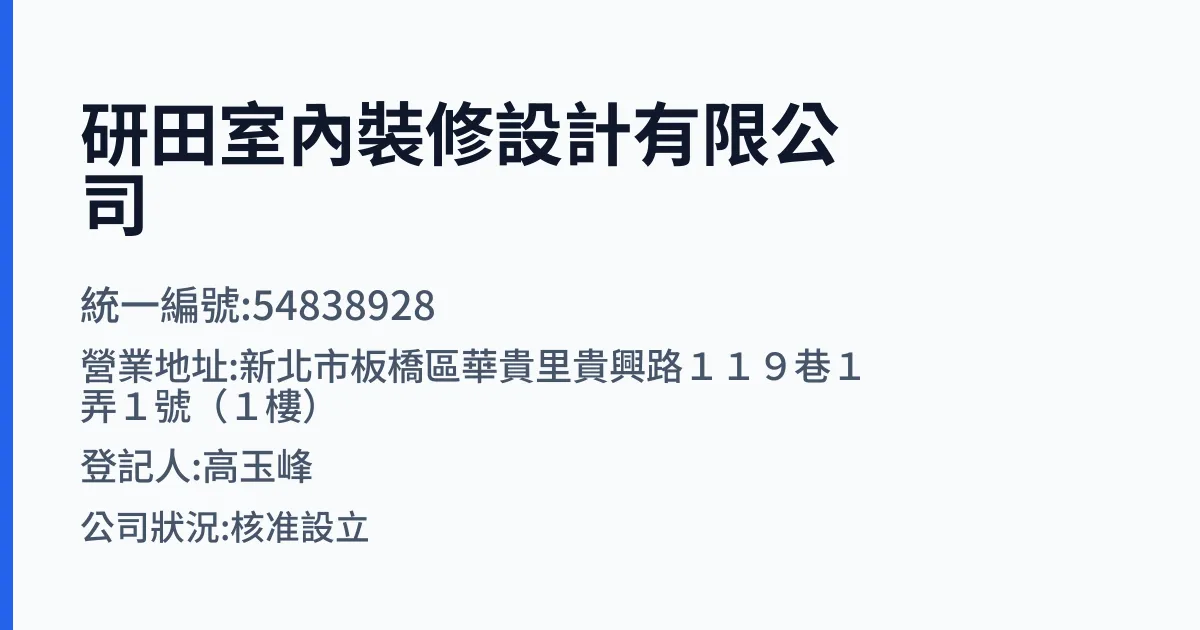 研田室內裝修設計有限公司 - 統編 54838928(新北市) 公司登記資料與營業項目詳細圖表