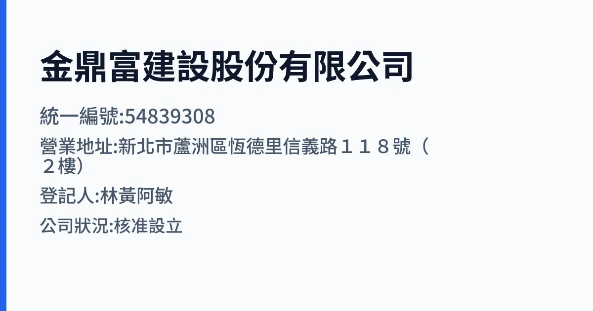 金鼎富建設股份有限公司 - 統編 54839308(新北市) 公司登記資料與營業項目詳細圖表