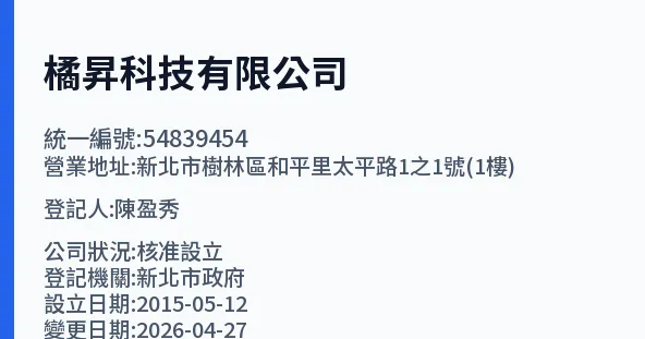 橘昇科技有限公司的照片-統編 54839454(新北市) 公司登記資料與營業項目詳細圖表