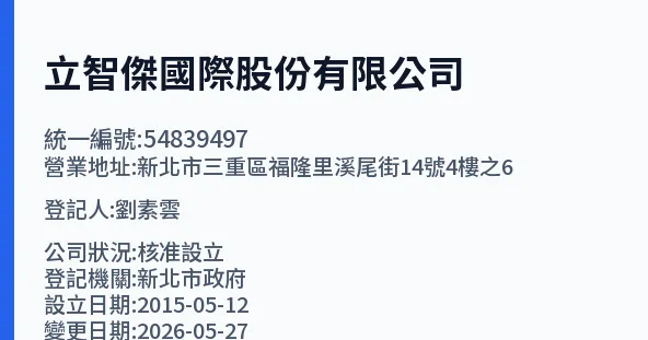 立智傑國際股份有限公司的照片-統編 54839497(新北市) 公司登記資料與營業項目詳細圖表