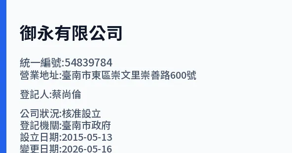 御永有限公司的照片-統編 54839784(臺南市) 公司登記資料與營業項目詳細圖表