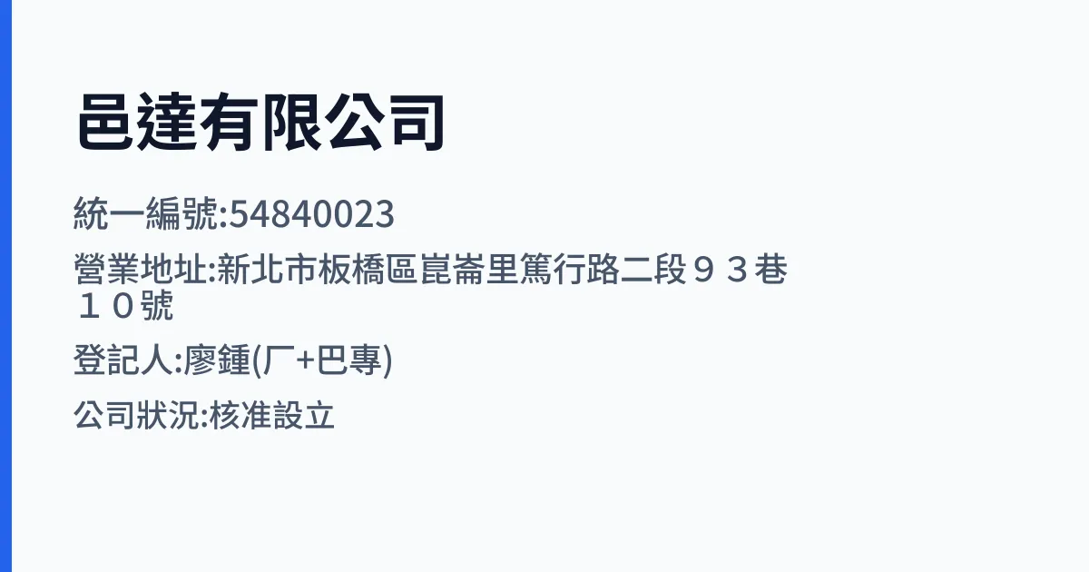 邑達有限公司 - 統編 54840023(新北市) 公司登記資料與營業項目詳細圖表