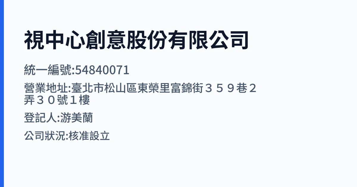 視中心創意股份有限公司 - 統編 54840071(臺北市) 公司登記資料與營業項目詳細圖表