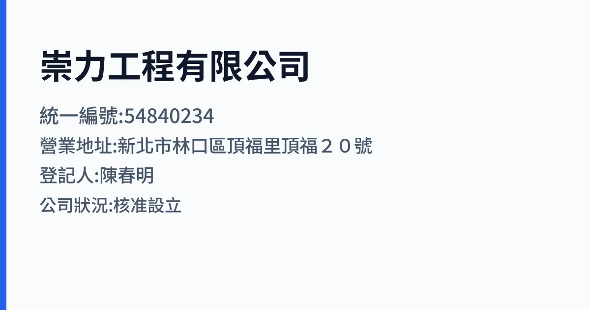 崇力工程有限公司 - 統編 54840234(新北市) 公司登記資料與營業項目詳細圖表