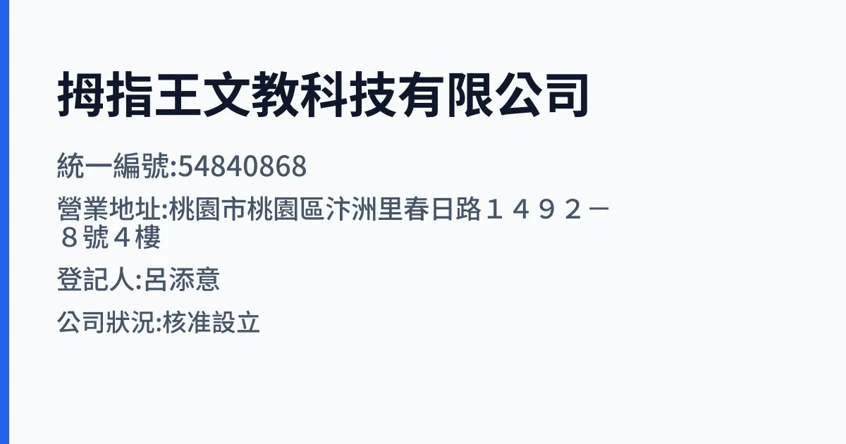 拇指王文教科技有限公司 - 統編 54840868(新北市) 公司登記資料與營業項目詳細圖表