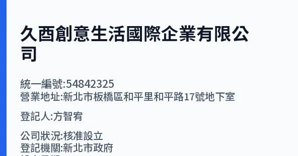 久酉創意生活國際企業有限公司的照片-統編 54842325(新北市) 公司登記資料與營業項目詳細圖表