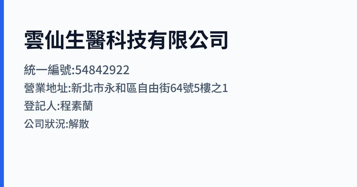 雲仙生醫科技有限公司 - 統編 54842922(新北市) 公司登記資料與營業項目詳細圖表