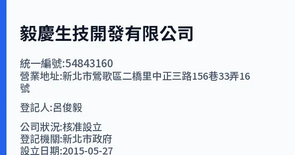 毅慶生技開發有限公司的照片-統編 54843160(新北市) 公司登記資料與營業項目詳細圖表
