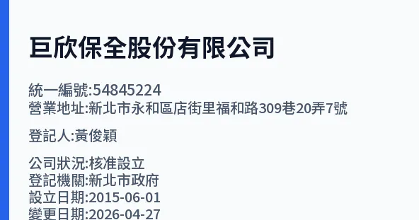 巨欣保全股份有限公司的照片-統編 54845224(新北市) 公司登記資料與營業項目詳細圖表