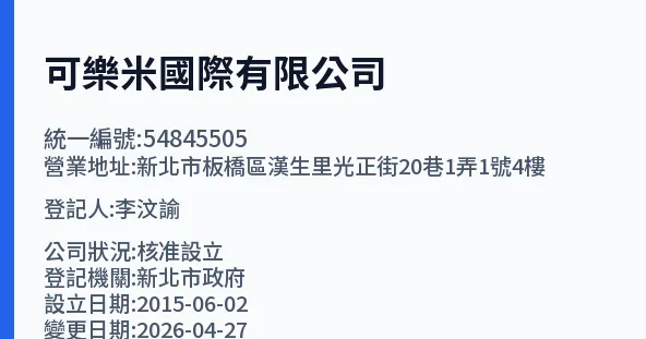 可樂米國際有限公司的照片-統編 54845505(新北市) 公司登記資料與營業項目詳細圖表