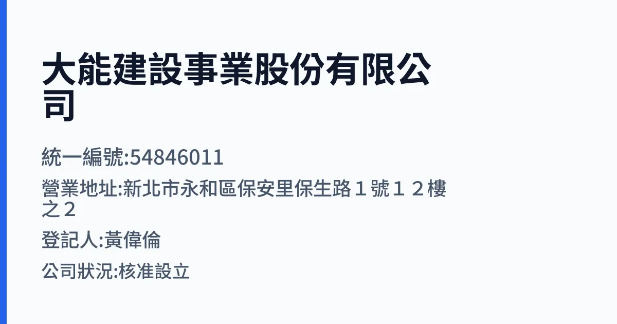 大能建設事業股份有限公司 - 統編 54846011(新北市) 公司登記資料與營業項目詳細圖表