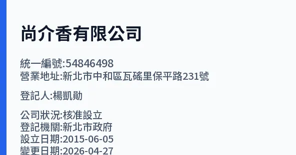 尚介香有限公司的照片-統編 54846498(新北市) 公司登記資料與營業項目詳細圖表