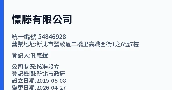 憬滕有限公司的照片-統編 54846928(新北市) 公司登記資料與營業項目詳細圖表