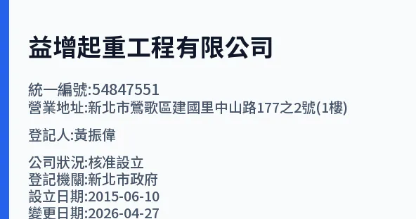 益增起重工程有限公司的照片-統編 54847551(新北市) 公司登記資料與營業項目詳細圖表
