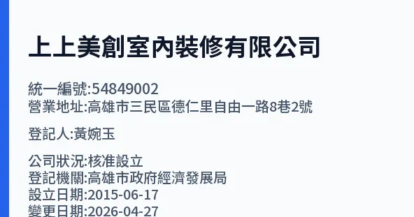 上上美創室內裝修有限公司的照片-統編 54849002(高雄市) 公司登記資料與營業項目詳細圖表