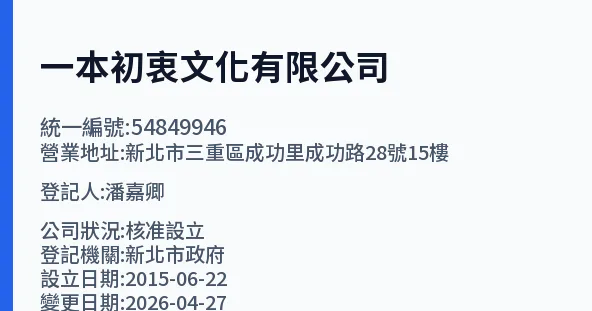 一本初衷文化有限公司的照片-統編 54849946(新北市) 公司登記資料與營業項目詳細圖表