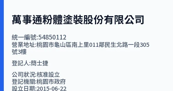 萬事通粉體塗裝股份有限公司的照片-統編 54850112(桃園市) 公司登記資料與營業項目詳細圖表