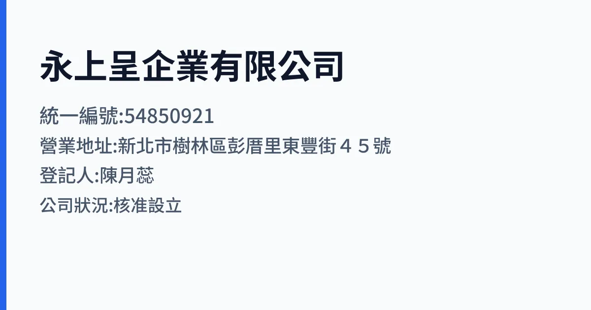 永上呈企業有限公司 - 統編 54850921(新北市) 公司登記資料與營業項目詳細圖表