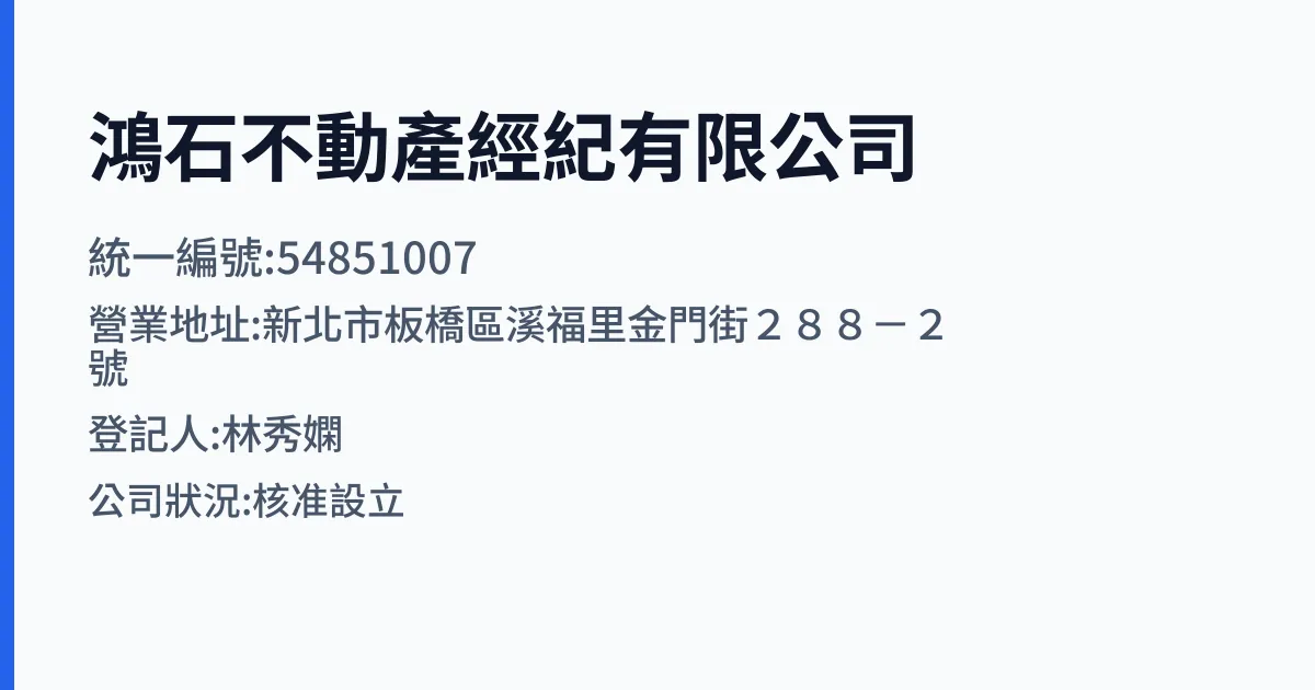 鴻石不動產經紀有限公司 - 統編 54851007(新北市) 公司登記資料與營業項目詳細圖表