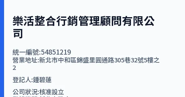 樂活整合行銷管理顧問有限公司的照片-統編 54851219(新北市) 公司登記資料與營業項目詳細圖表