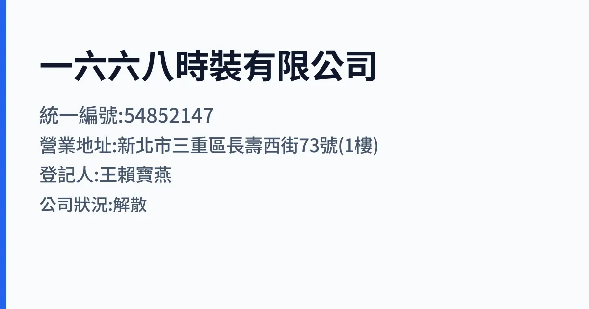 一六六八時裝有限公司 - 統編 54852147(新北市) 公司登記資料與營業項目詳細圖表