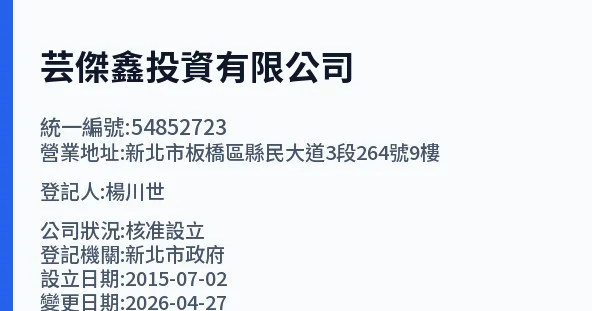 芸傑鑫投資有限公司的照片-統編 54852723(新北市) 公司登記資料與營業項目詳細圖表