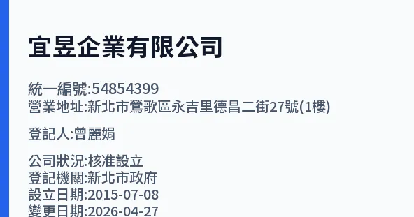 宜昱企業有限公司的照片-統編 54854399(新北市) 公司登記資料與營業項目詳細圖表