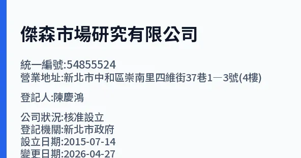 傑森市場研究有限公司的照片-統編 54855524(新北市) 公司登記資料與營業項目詳細圖表