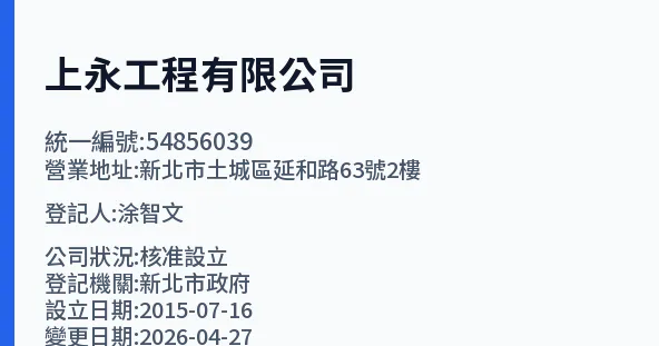 上永工程有限公司的照片-統編 54856039(新北市) 公司登記資料與營業項目詳細圖表