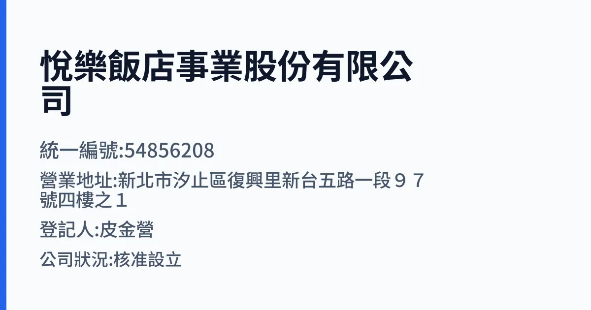 悅樂飯店事業股份有限公司 - 統編 54856208(新北市) 公司登記資料與營業項目詳細圖表