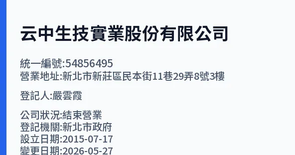 云中生技實業股份有限公司的照片-統編 54856495(新北市) 公司登記資料與營業項目詳細圖表