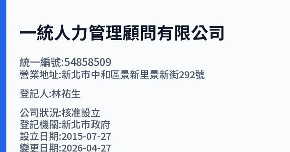 一統人力管理顧問有限公司的照片-統編 54858509(新北市) 公司登記資料與營業項目詳細圖表