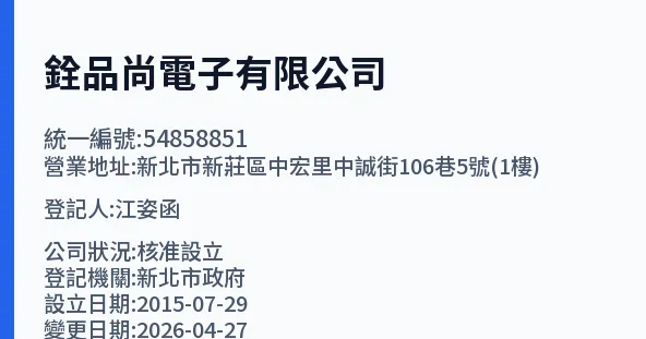 銓品尚電子有限公司的照片-統編 54858851(新北市) 公司登記資料與營業項目詳細圖表