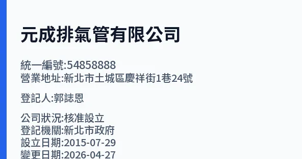 元成排氣管有限公司的照片-統編 54858888(新北市) 公司登記資料與營業項目詳細圖表