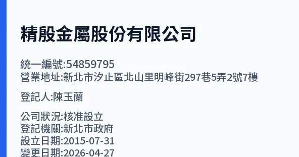 精殷金屬股份有限公司的照片-統編 54859795(新北市) 公司登記資料與營業項目詳細圖表