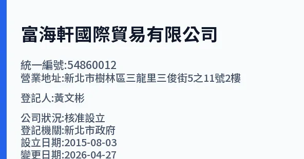 富海軒國際貿易有限公司的照片-統編 54860012(新北市) 公司登記資料與營業項目詳細圖表