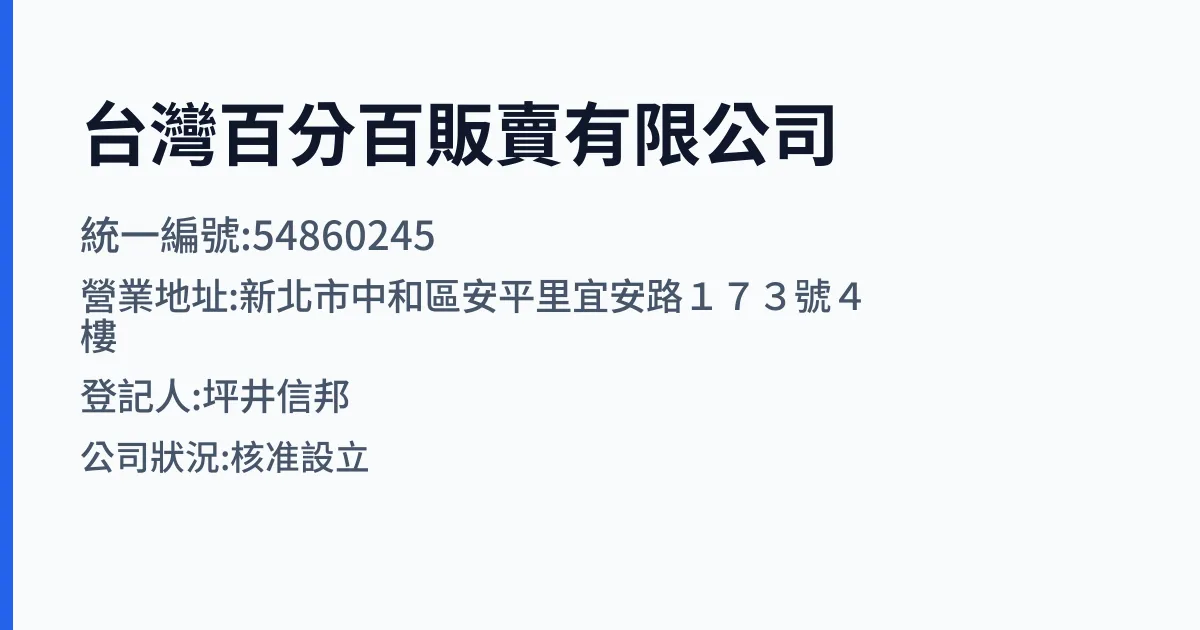 台灣百分百販賣有限公司 - 統編 54860245(新北市) 公司登記資料與營業項目詳細圖表
