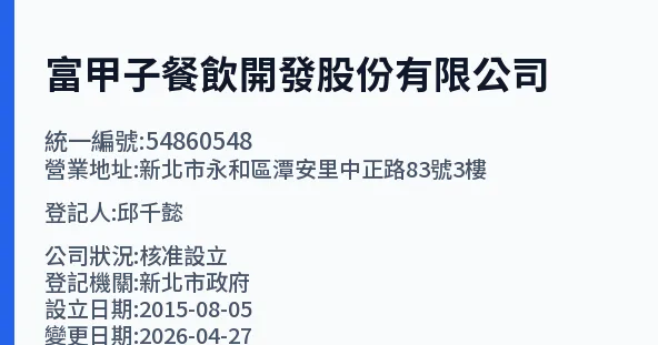 富甲子餐飲開發股份有限公司的照片-統編 54860548(新北市) 公司登記資料與營業項目詳細圖表