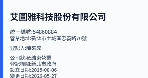 艾圖雅科技股份有限公司的照片-統編 54860884(新北市) 公司登記資料與營業項目詳細圖表