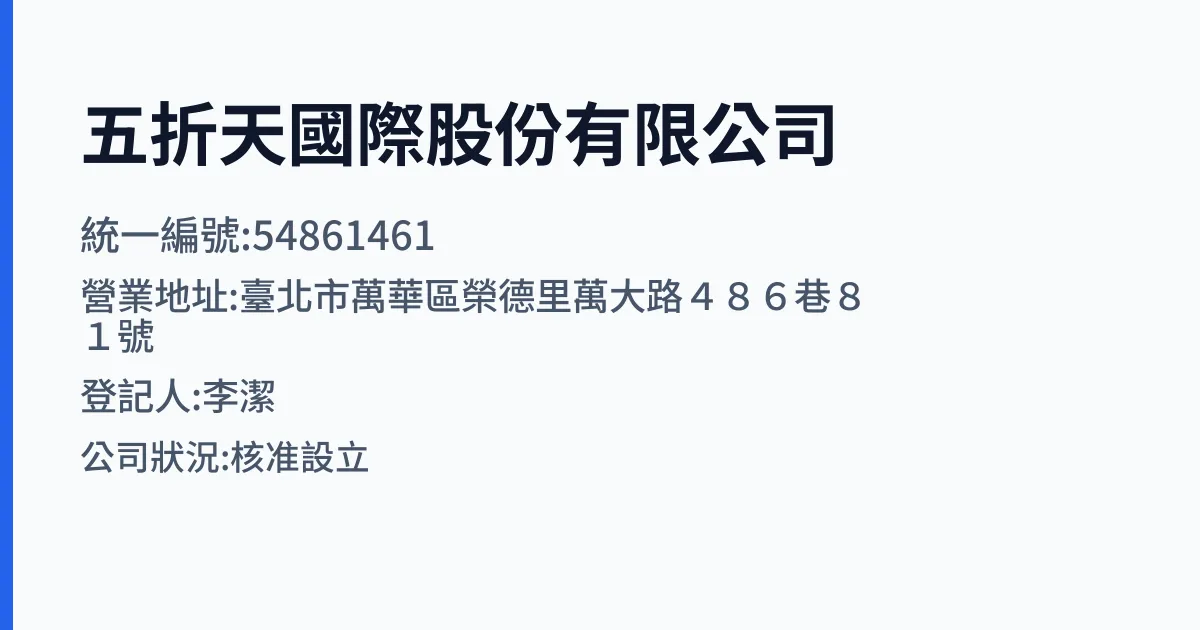 五折天國際股份有限公司 - 統編 54861461(臺北市) 公司登記資料與營業項目詳細圖表