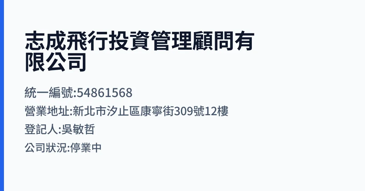 志成飛行投資管理顧問有限公司 - 統編 54861568(新北市) 公司登記資料與營業項目詳細圖表