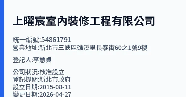 上曜宸室內裝修工程有限公司的照片-統編 54861791(新北市) 公司登記資料與營業項目詳細圖表