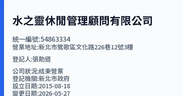 水之靈休閒管理顧問有限公司的照片-統編 54863334(新北市) 公司登記資料與營業項目詳細圖表