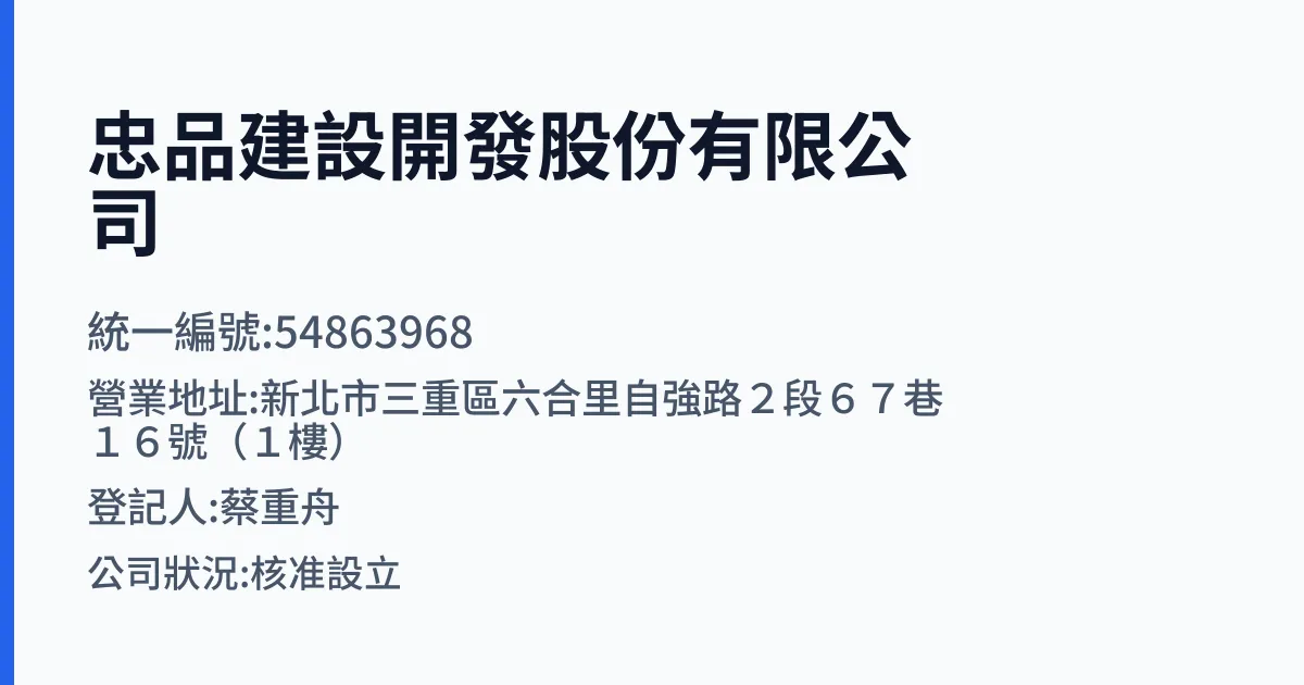 忠品建設開發股份有限公司 - 統編 54863968(新北市) 公司登記資料與營業項目詳細圖表