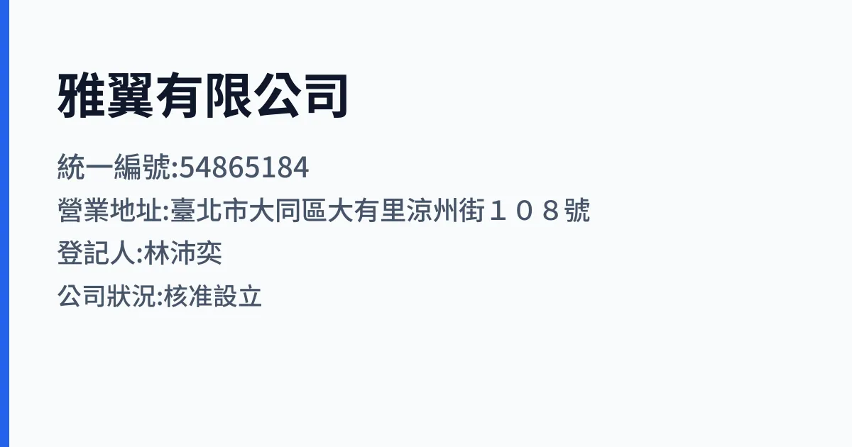 雅翼有限公司 - 統編 54865184(臺北市) 公司登記資料與營業項目詳細圖表