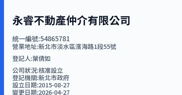 永睿不動產仲介有限公司的照片-統編 54865781(新北市) 公司登記資料與營業項目詳細圖表
